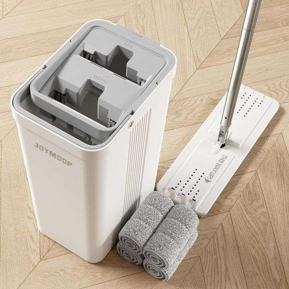 JOYMOOP Mop and Bucket with Wringer Set, White Flat Squeeze Mop Bucket ...