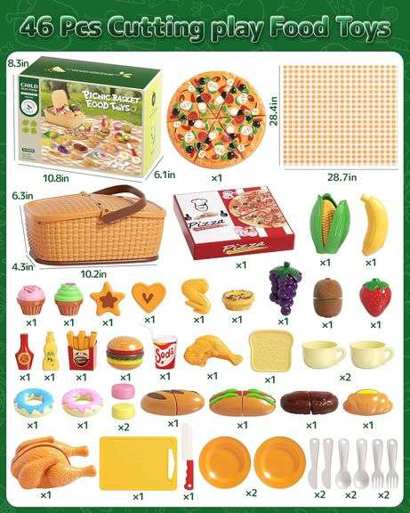 80pcs Pretend Play Food for Kids, Cutting Toy Food Set with Picnic ...
