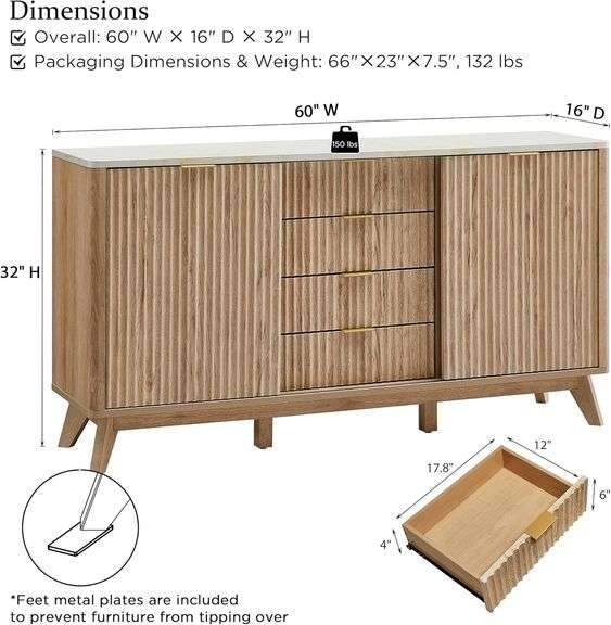 T4TREAM Fluted Buffet Cabinet, 60" Modern Sideboard with Sliding Doors & 4 Drawers, Coffee Bar ...