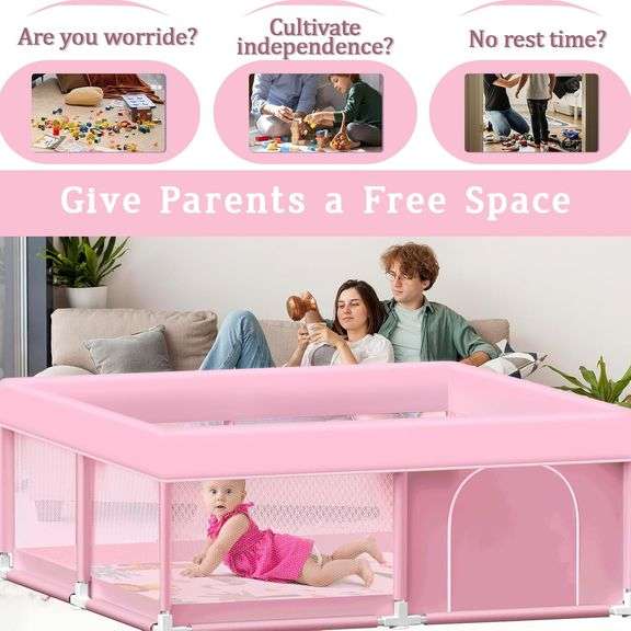 Pink Baby Playpen with Mat, 50x50 Inch, Gray - Matthews Auctioneers