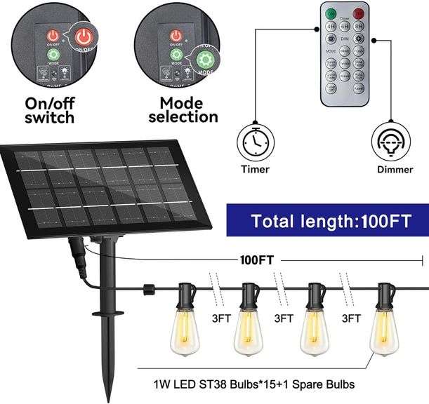 Stright Solar Powered String Light 100FT with Remote Control 8 Light ...
