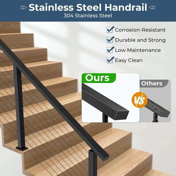 6' T304 Stainless Steel Handrail, 3 Pack Matte Black Handrail Cuttable ...