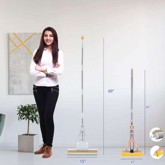 PVA Sponge Mops for Floor Cleaning Squeeze with 60" Long Handle, Self ...