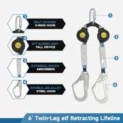 6 Twin-Leg NO Tangle Self Retracting Lifeline ANSI Class A SRL Rebar ...
