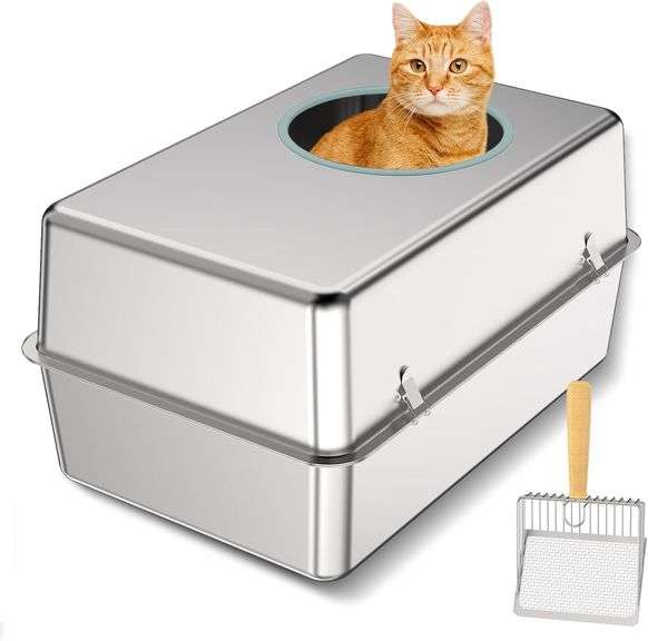 Stainless Steel Cat Litter Box with Lid, Odour Proof Litter Pan, Non ...