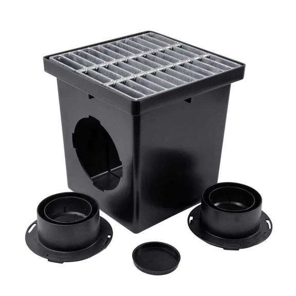 12 in. Square Catch Basin Drain Kit with 2-Opening Catch Basin Steel ...