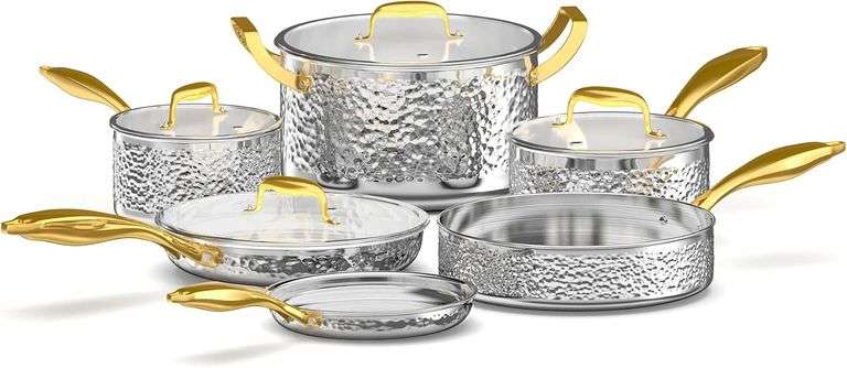 Mangoct Hammered Stainless Steel Kitchen Cookware Sets 10-Piece ...