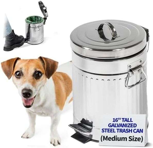 Pet Fit For Life 16" Tall Galvanized Steel Trash Can - Features Step ...