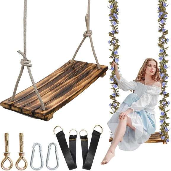 FOKOL 2025 Upgraded Large Wooden Swing Seat, 24"x 9.8", Hanging Tree ...