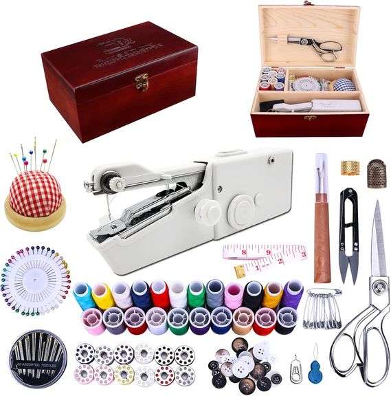 Handheld Sewing Machine, with Elegant Wooden Sewing Box and 153-Piece ...