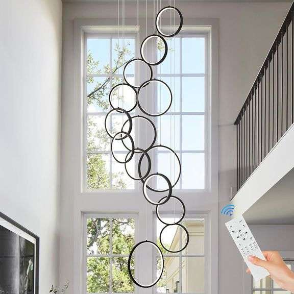 14 Rings Modern LED Chandelier for High Ceiling Dimmable Black ...