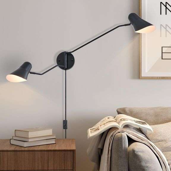 Modern 2-Lights Swing Arm Wall Sconces Black Plug in Wall Light 180 ...