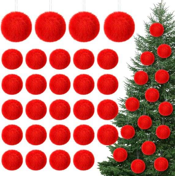 (3)12Pcs Christmas Ball Ornament for Xmas Tree Red Soft Faux Fur Pom ...