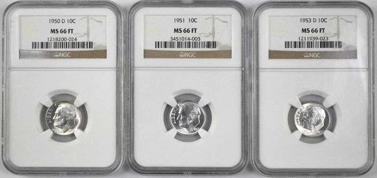 Group of (2) NGC Certified MS66FT 11950 D, 1951 P & 1953 D Roosevelt ...