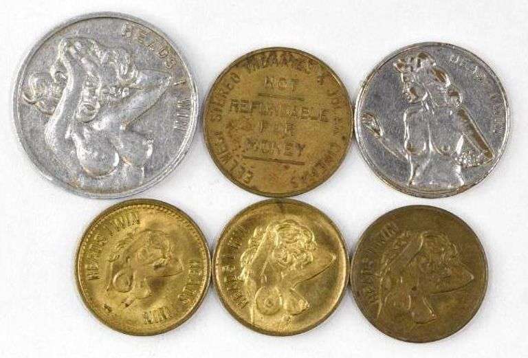 Group of (6) Vintage Adult Head or Tails & Peep Show Tokens - Matthew ...
