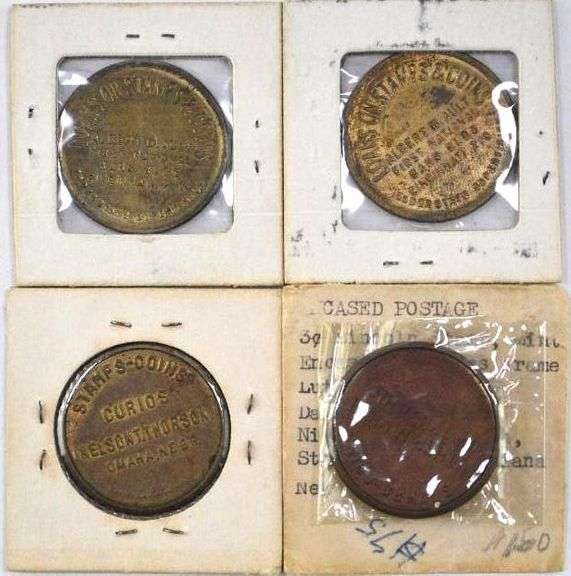 Group of (4) Vintage Encased Stamp Advertising Tokens Albert Ault ...