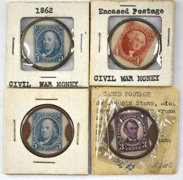Group of (4) Vintage Encased Stamp Advertising Tokens Albert Ault ...