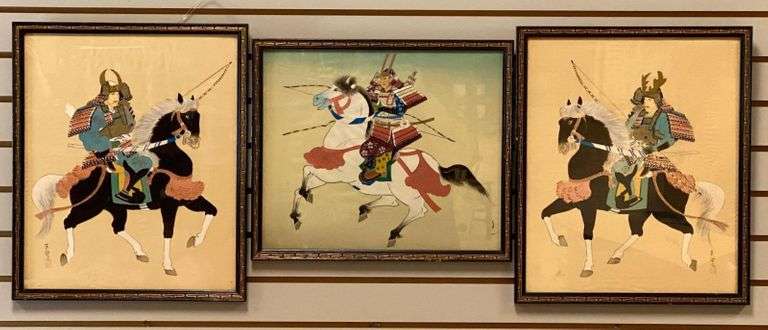 Group of 3 Japanese Samurai Paintings on Silk - Matthew Bullock Auctioneers
