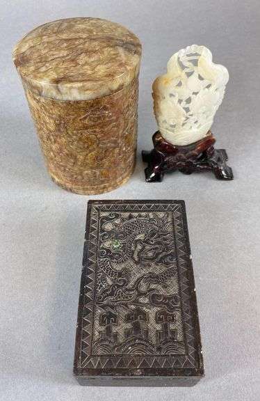 Group of 3 Mother of Pearl and Stone Boxes and Carving - Matthew ...