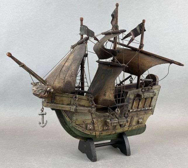 Dark Wooden Model Ship with Base - Matthew Bullock Auctioneers
