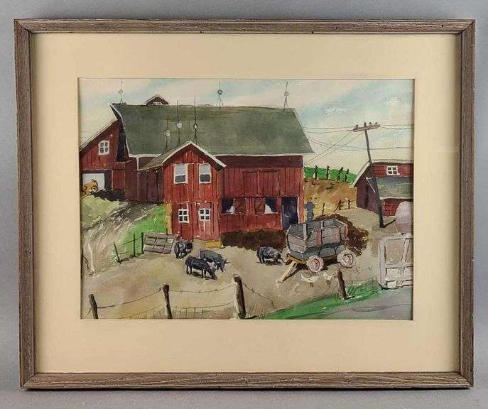 Farm scene watercolor on paper - Matthew Bullock Auctioneers