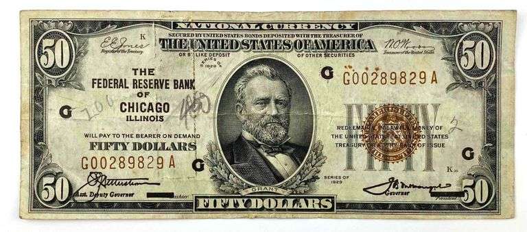 1929 $50 Brown Seal National Currency Chicago IL - Matthew Bullock ...