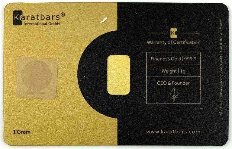 LBMA KaratBars .9999 fine Gold 1 Gram Ingot/Bar in Card - Matthew Bullock Auctioneers