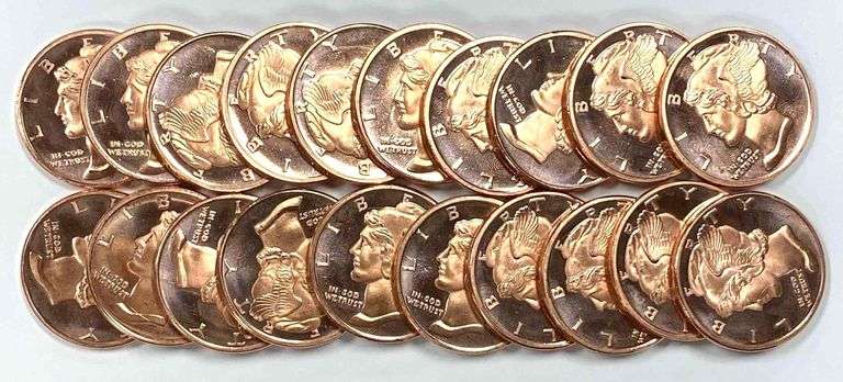 Roll of 20 1 oz Copper Mercury Dime Rounds - Matthew Bullock Auctioneers