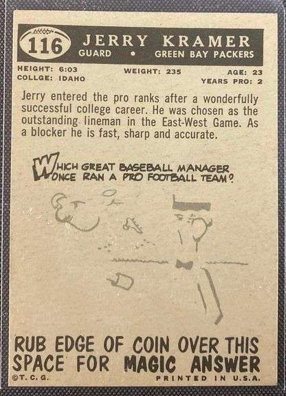 1959 Topps Jerry Kramer #116 Rookie - Matthew Bullock Auctioneers
