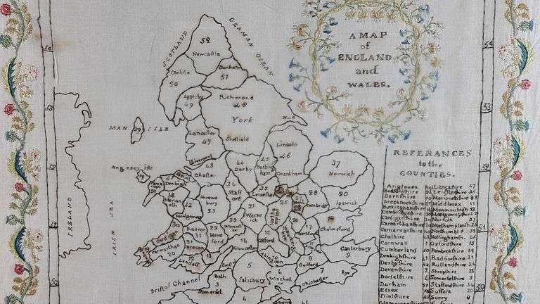 1814 Needlework Map of England and Wales - Matthew Bullock Auctioneers