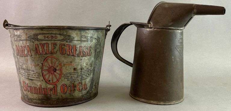 Group of 2 Antique Metal Grease Can Tin Oil Pitcher - Matthew Bullock ...