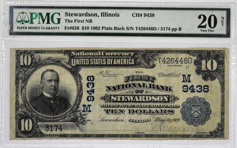 1902 $10 National Currency Note Stewardson, Illinois (PMG) VF20 net ...