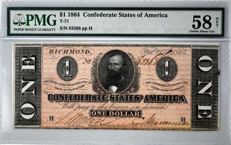 Confederate Currency: 1864 $1 Confederate States of America, (PMG) AU58 ...