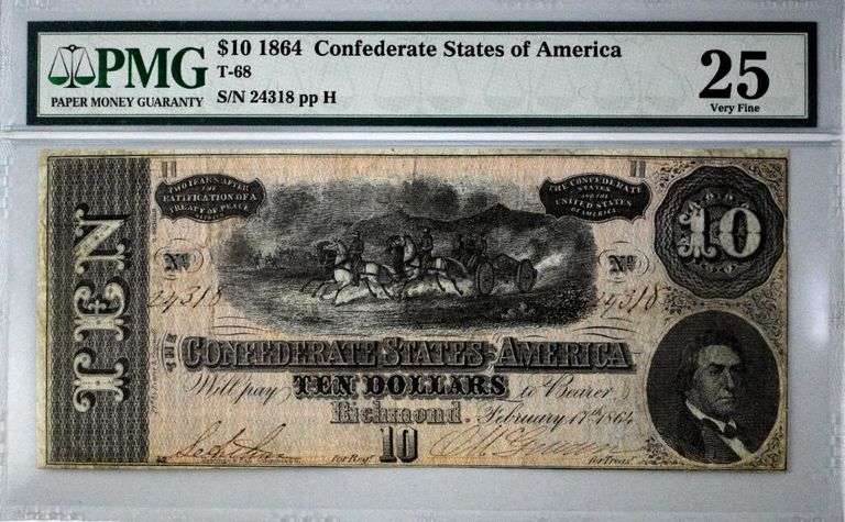 Confederate Currency: 1864 $10 Confederate States of America, (PMG ...