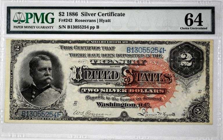 1886 $2 Silver Certificate Note, (PMG) Choice Uncirculated 64 - Matthew ...