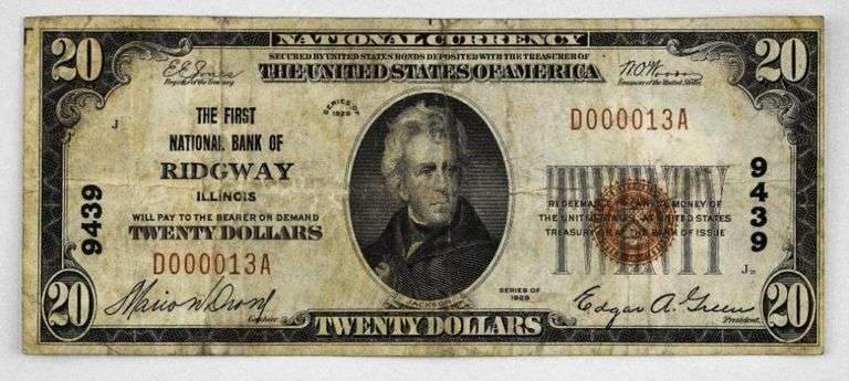 1929 Ty.1 $20 National Currency Note Ridgway, Illinois - Matthew ...
