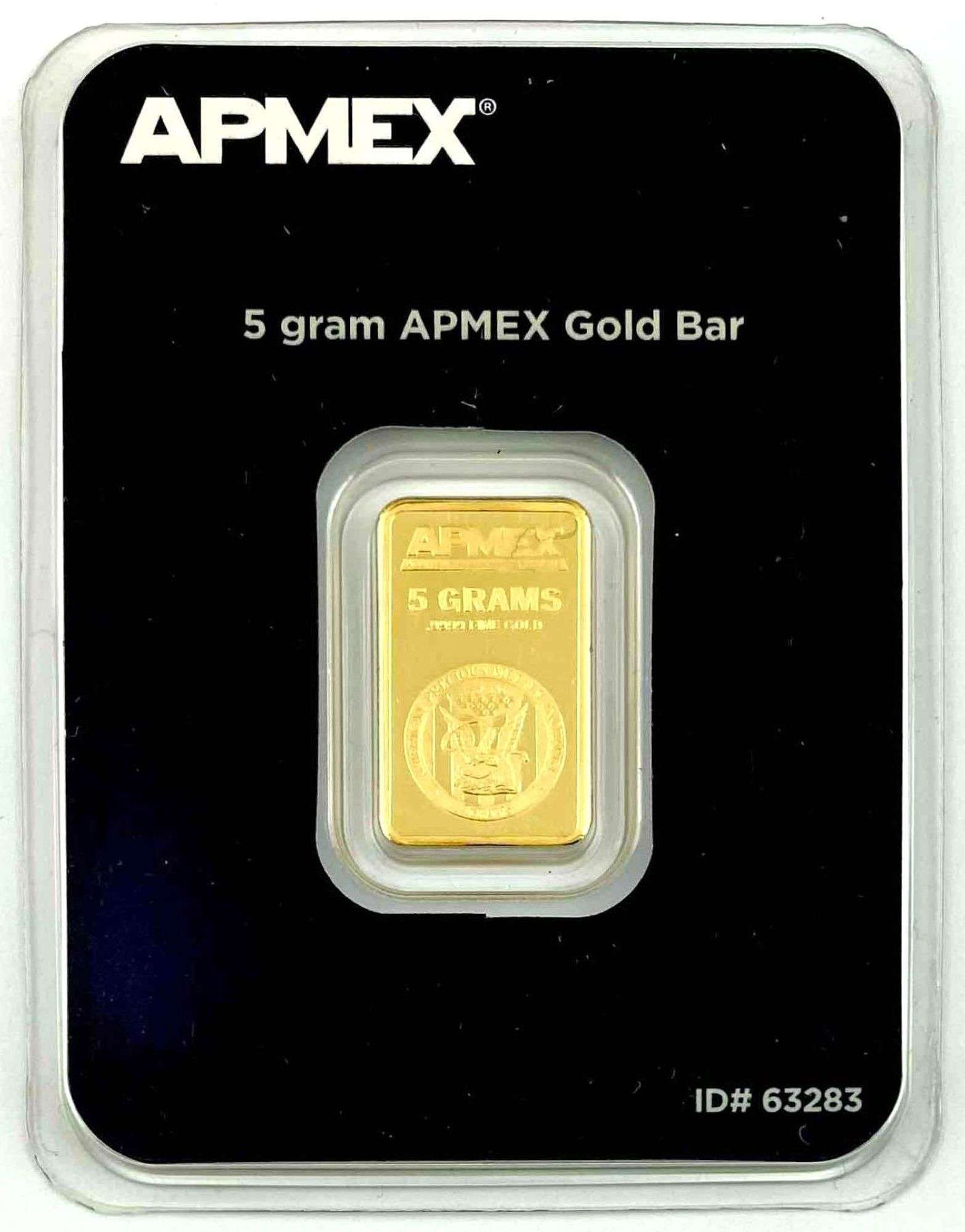 5 Gram Gold Bar APMEX .9999 fine gold in plastic Matthew Bullock Auctioneers