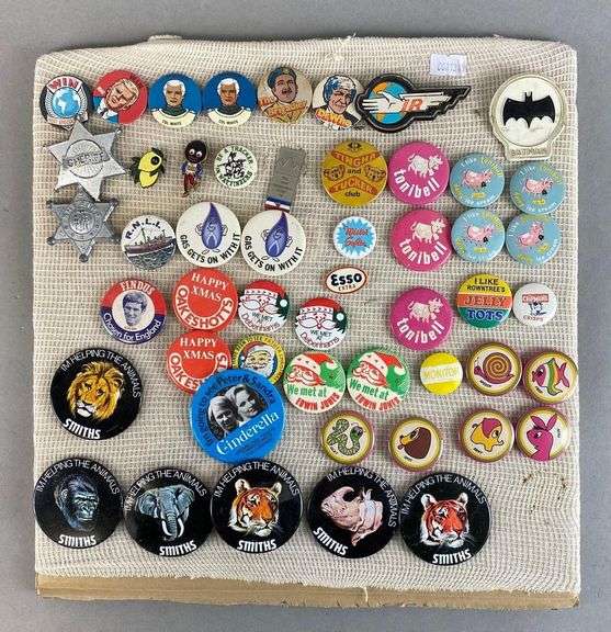 Group of 50+ Assorted Pin-Back Buttons - Matthew Bullock Auctioneers
