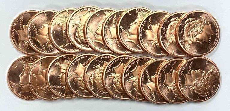 Roll of 20 1 oz Copper Peace Dolllar Rounds - Matthew Bullock Auctioneers