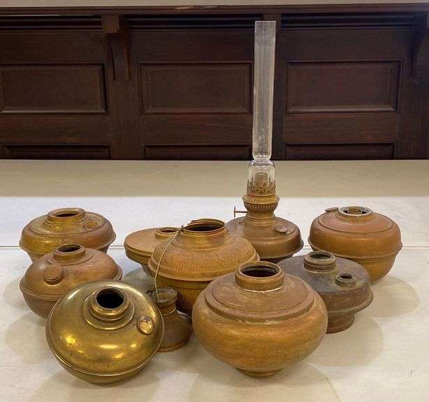 Group of 9 Assorted Brass Oil Lamp Fonts - Matthew Bullock Auctioneers