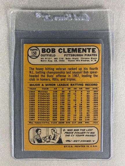 1968 Topps Bob Clemente #150 - Matthew Bullock Auctioneers