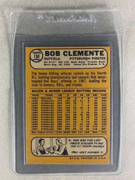 1968 Topps Bob Clemente #150 - Matthew Bullock Auctioneers