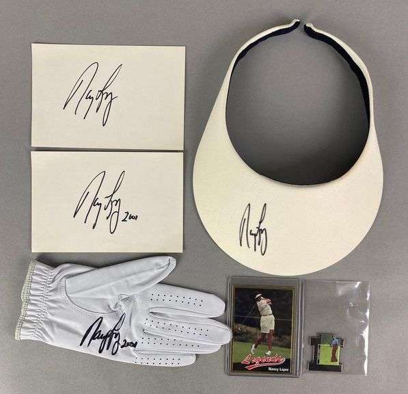 Nancy Lopez Signed Golf Visor, Golf Glove and 2 Postcards from Ange ...