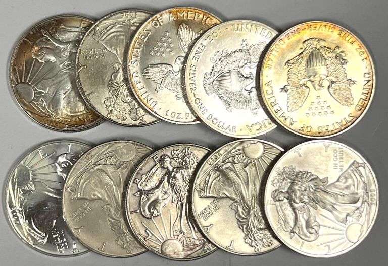 Group of 10 US Mint Silver American Eagles .999 Fine Silver Mix Date ...