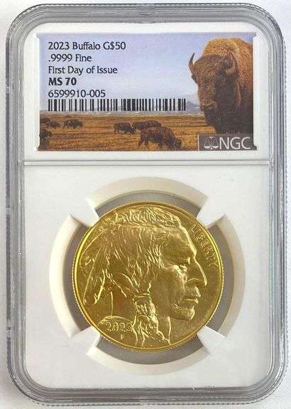 2023 $50 First Day of Issue American Buffalo .9999 Fine Gold (NGC) First Day Issue MS70 Buffalo ...
