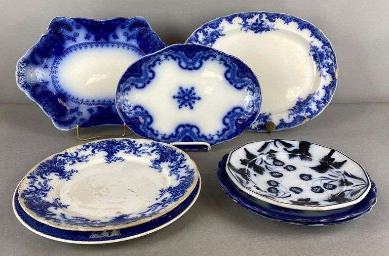 Group of 8 Antique Flow Blue Porcelain Plates and Platters - Matthew ...