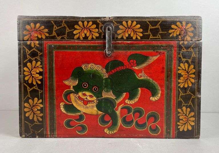 Antique Tibetan Foo Dog Hand Painted Wood Box - Matthew Bullock Auctioneers