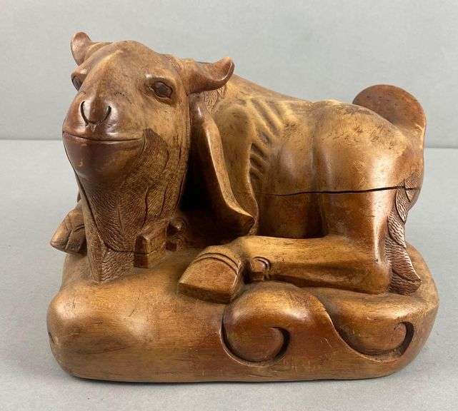 Wood Carved Sitting Ox Figure - Matthew Bullock Auctioneers