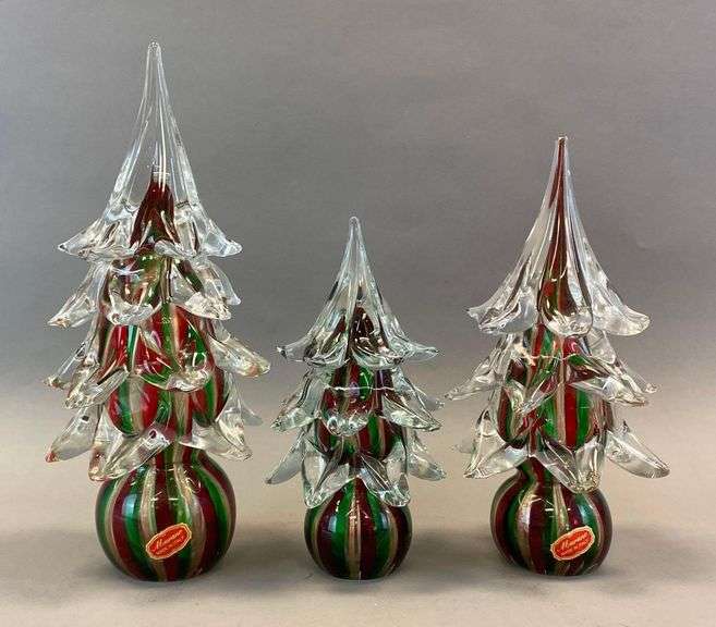 Group of 3 Murano Italy Green and Red Striped Glass Trees - Matthew ...