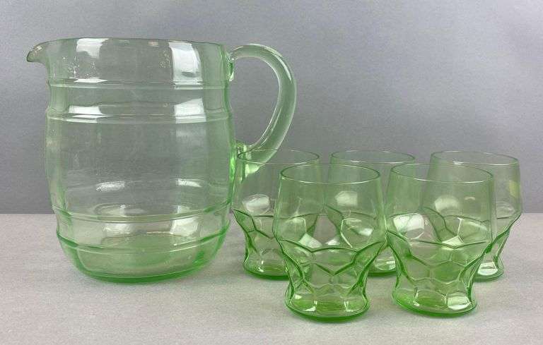 Group of 6 Uranium Glass Pitcher Set - Matthew Bullock Auctioneers